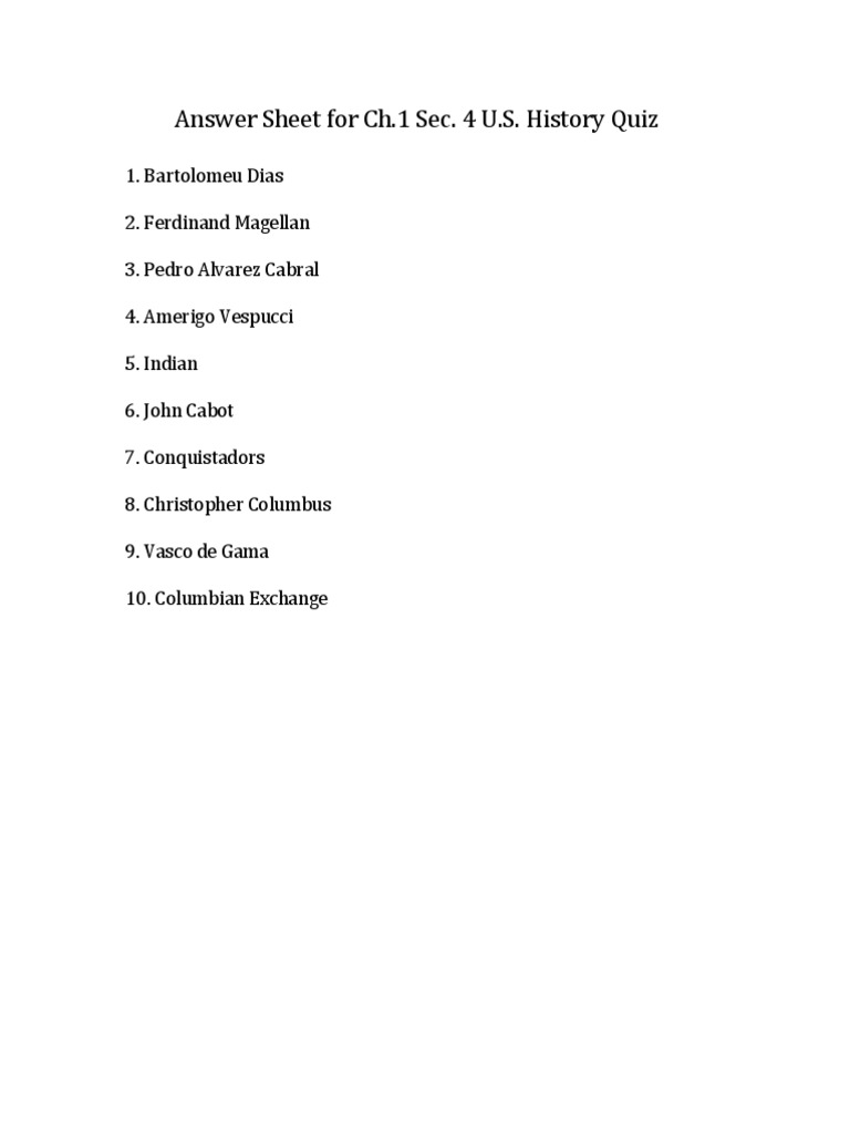 Answer Sheet For Ch.1 Sec. 4 U.S. History Quiz | PDF