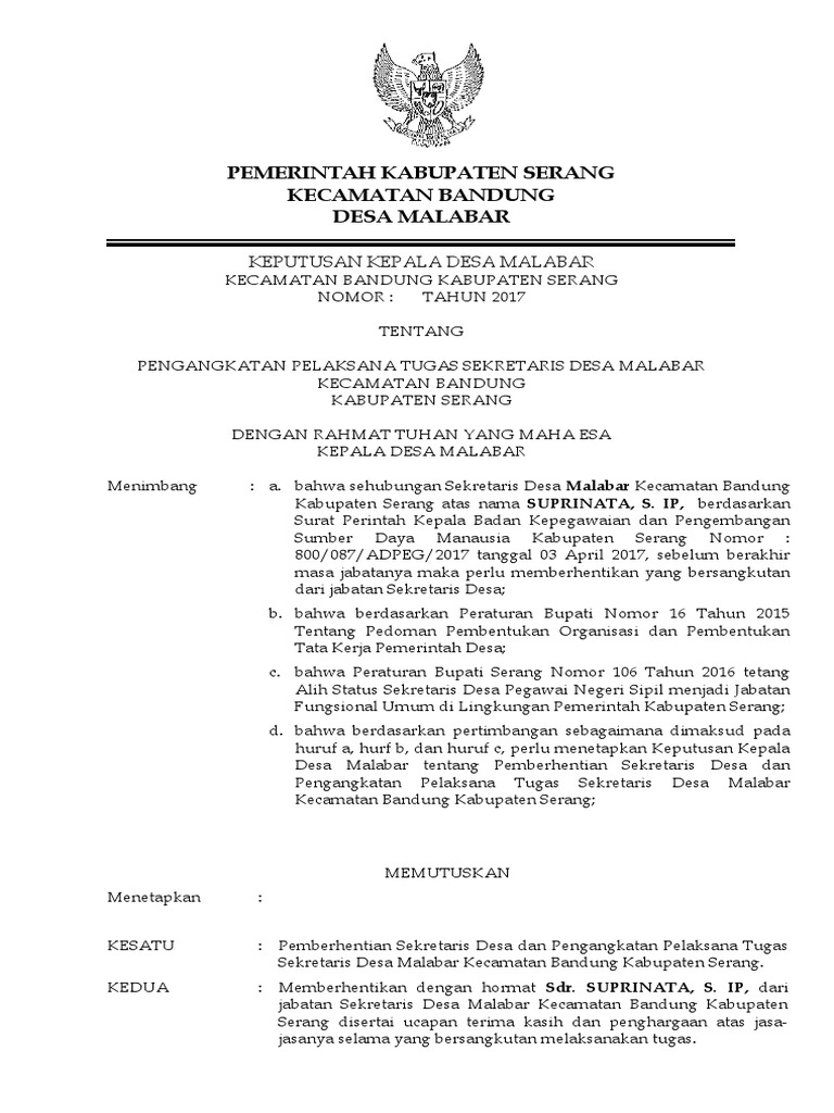 Draft SK Kades TTG Pengangkatan PLT Sekretaris Desa | PDF