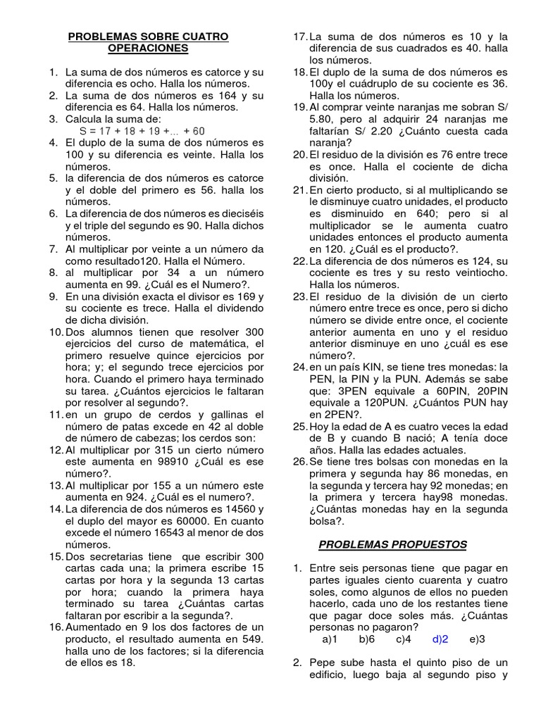 Problemas Sobre Cuatro Operaciones | PDF | División (Matemáticas ...
