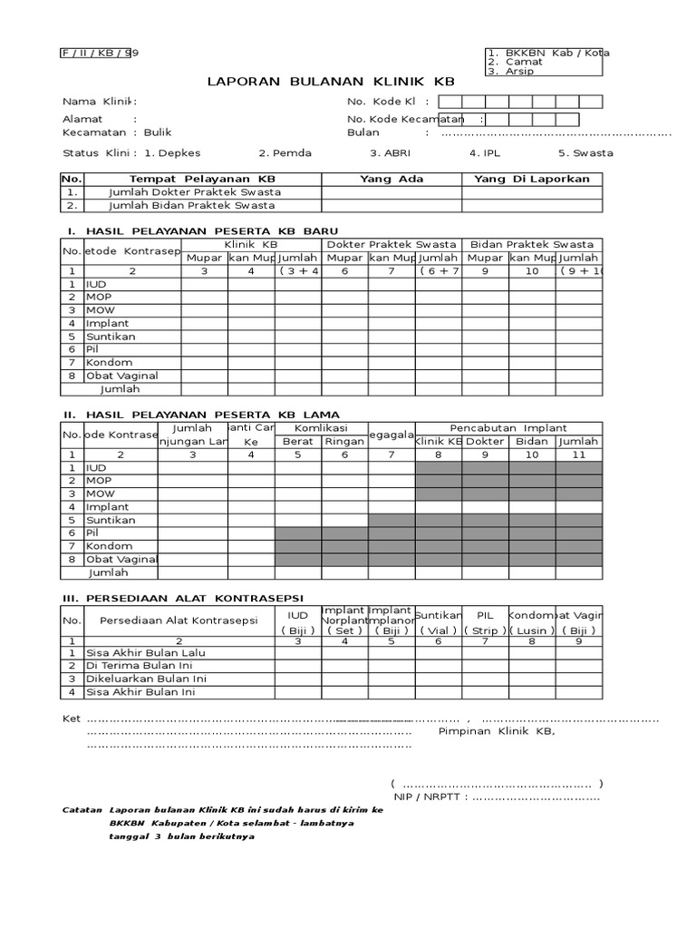 Blangko Laporan Bulanan Klinik KB | PDF