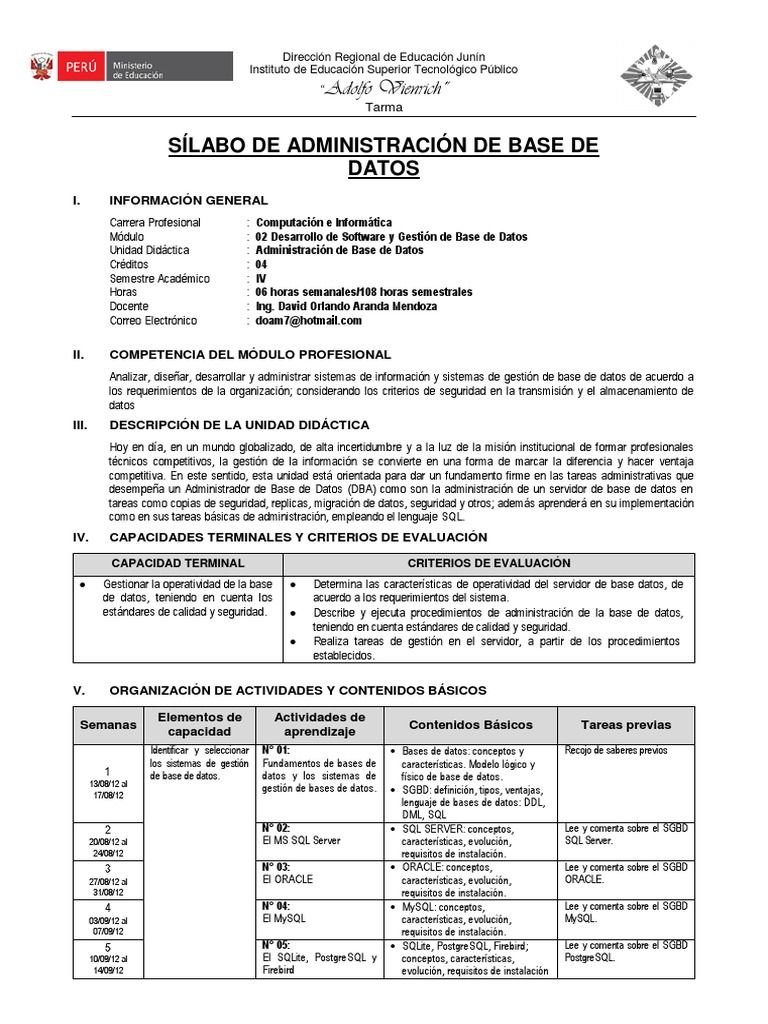 Sílabo ADMINISTRACIÓN DE BASE DE DATOS | PDF | Bases de datos | Servidor SQL de Microsoft