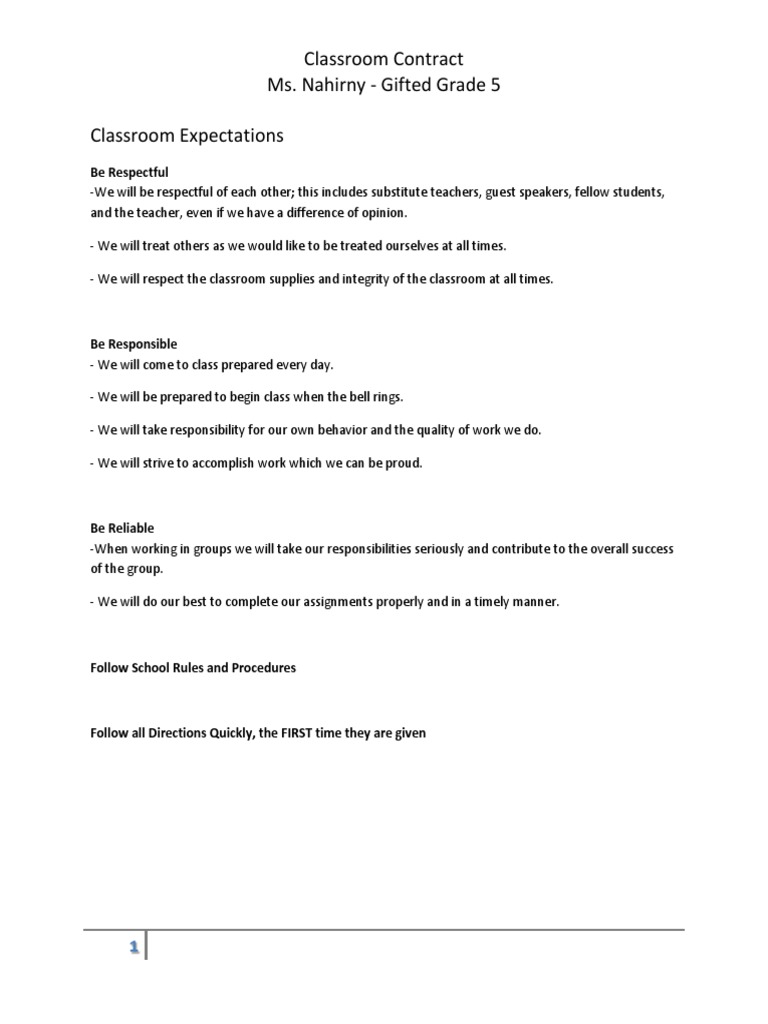 Classroom Contract Ms. Nahirny - Gifted Grade 5 Classroom Expectations ...