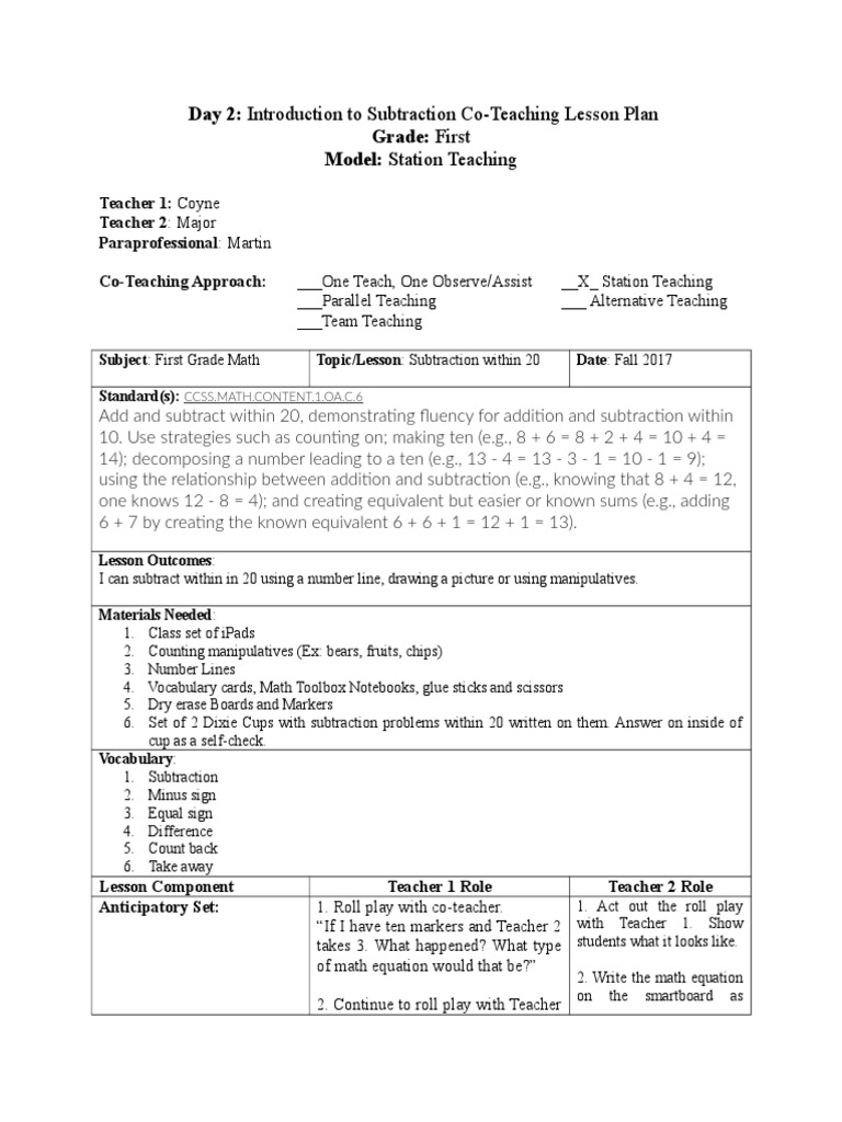 First Grade Subtraction Lesson Plan | PDF | Subtraction | Equations