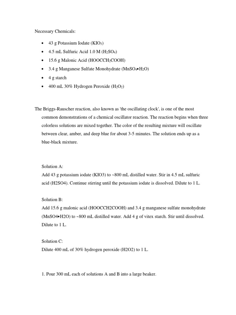 Briggs-Rauscher Reaction Guide | PDF | Sets Of Chemical Elements ...