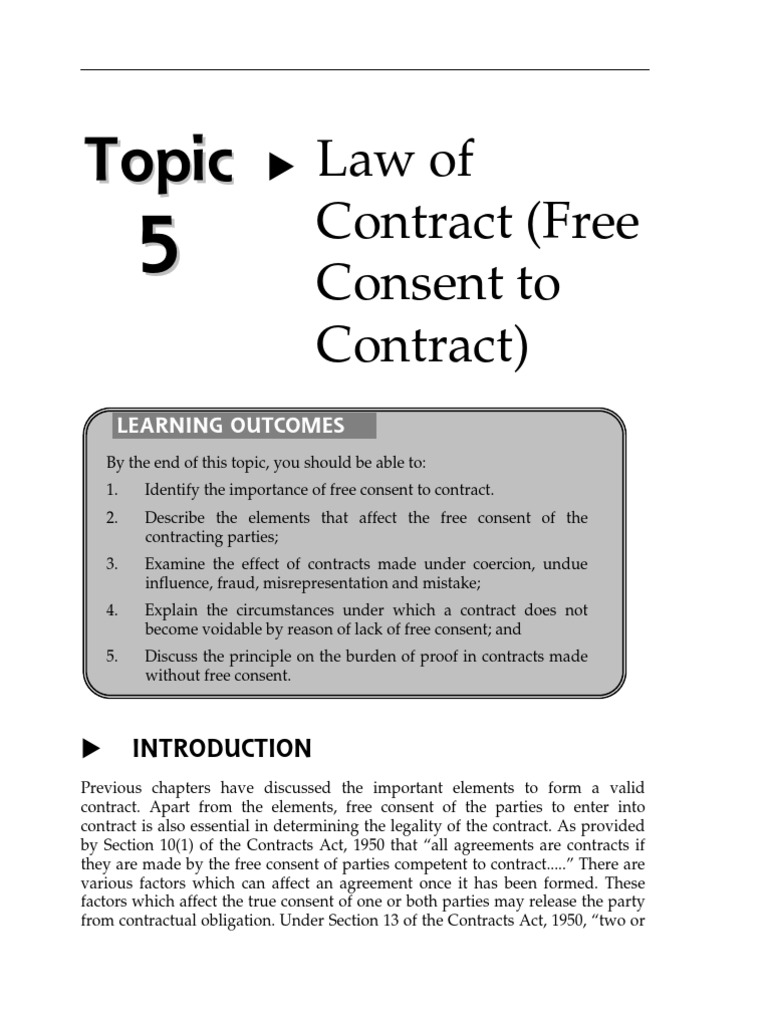 Topic 5 Law of Contract (Free Consent To Contract) | PDF ...