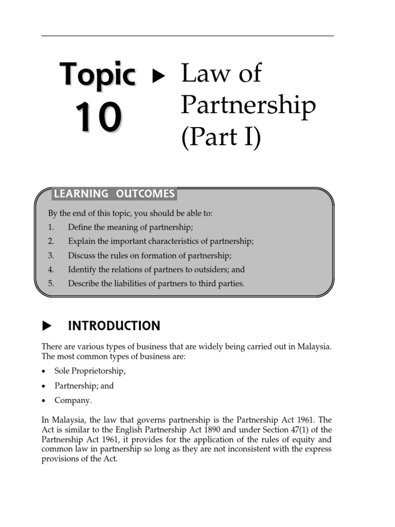 Topic 10 Law of Partnership (Part I) (1) | Partnership | Law Of Agency