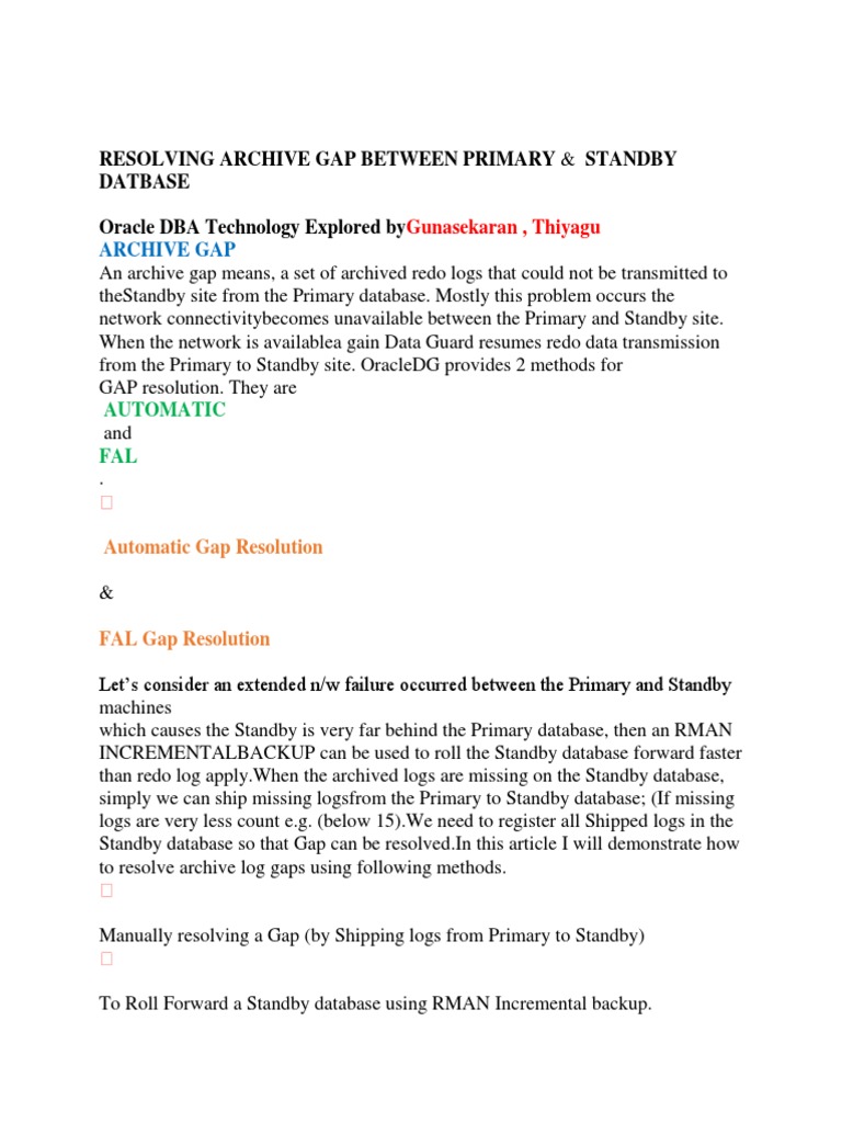 Resolving Archive Gap Between Primary | PDF | Oracle Database | Data Management Software