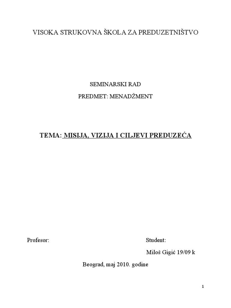 Misija, Vizija I Ciljevi Preduzeca - Seminar Ski | PDF
