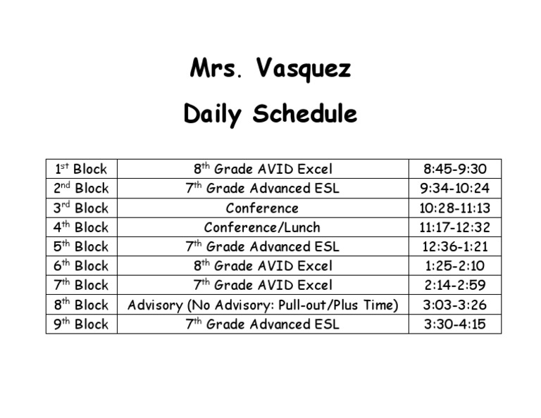 Mrs. Vasquez Daily Schedule: ST TH ND TH RD TH TH TH TH TH TH TH TH TH ...