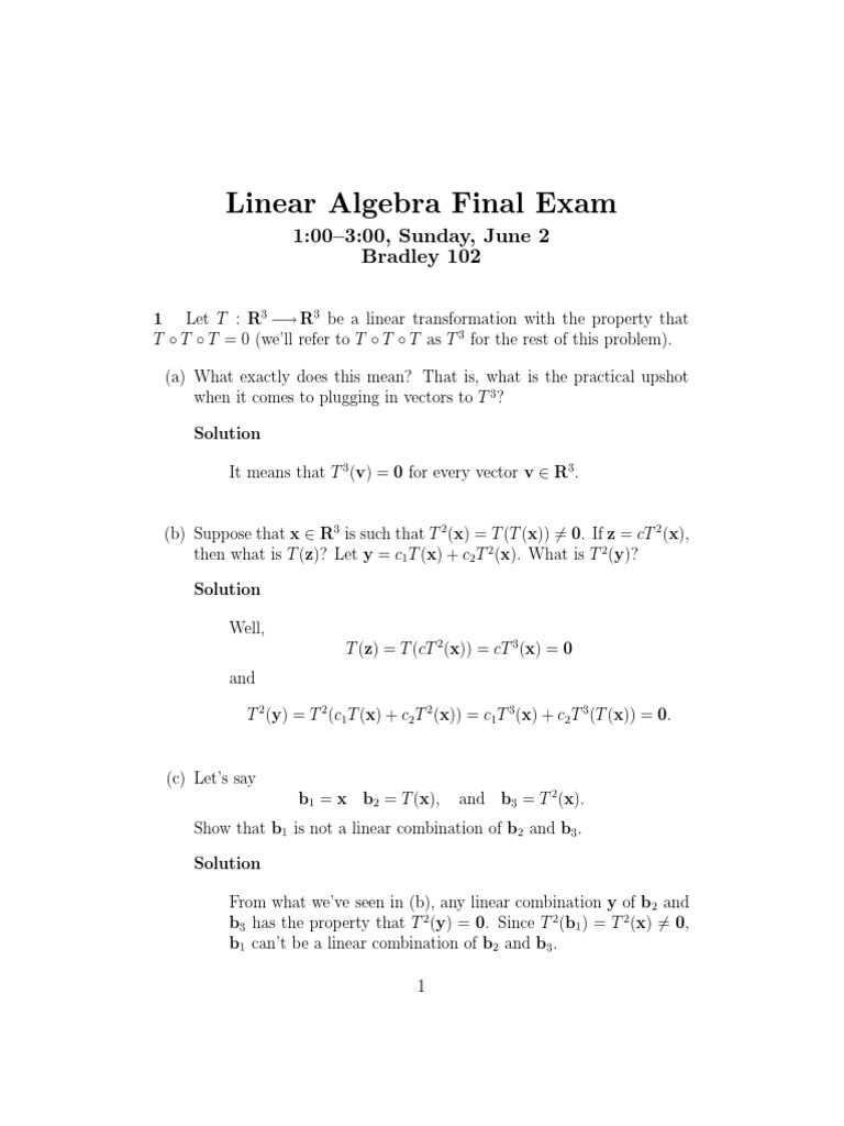 Linear Algebra Final Exam: 1:00-3:00, Sunday, June 2 Bradley 102 | PDF ...
