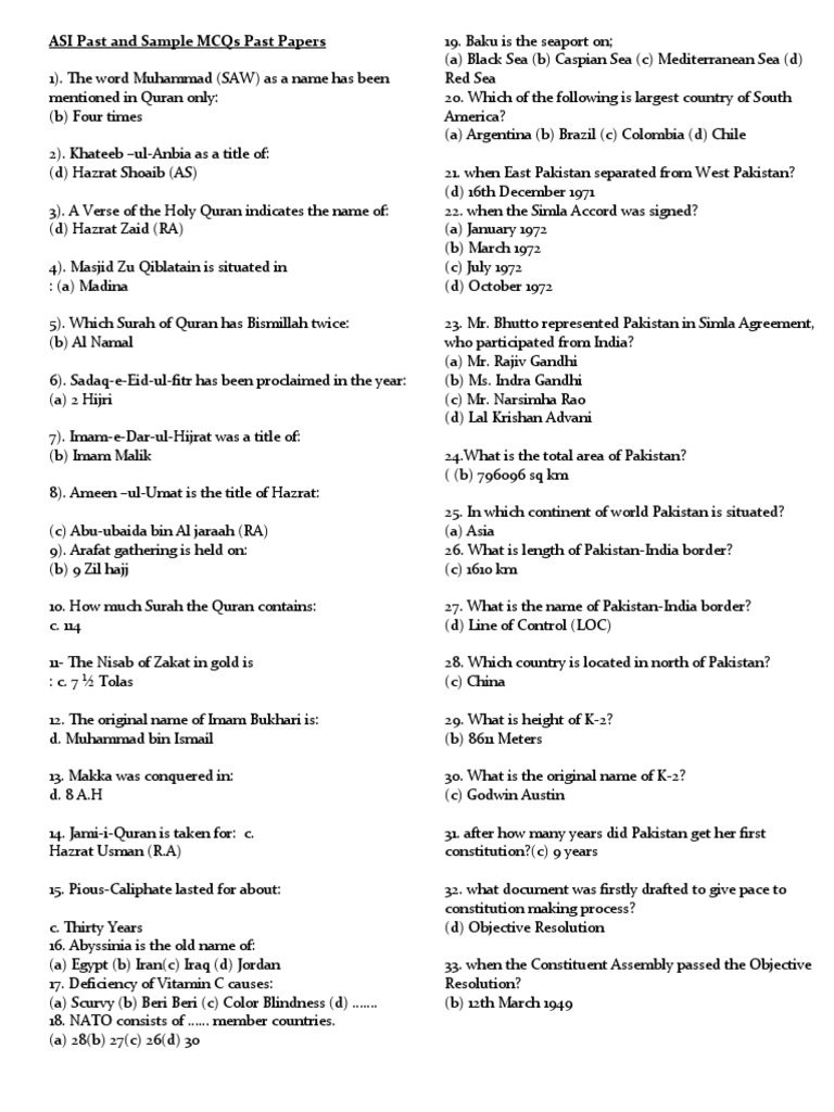 ASI Past and Sample MCQs Past Papers | PDF | All India Muslim League ...