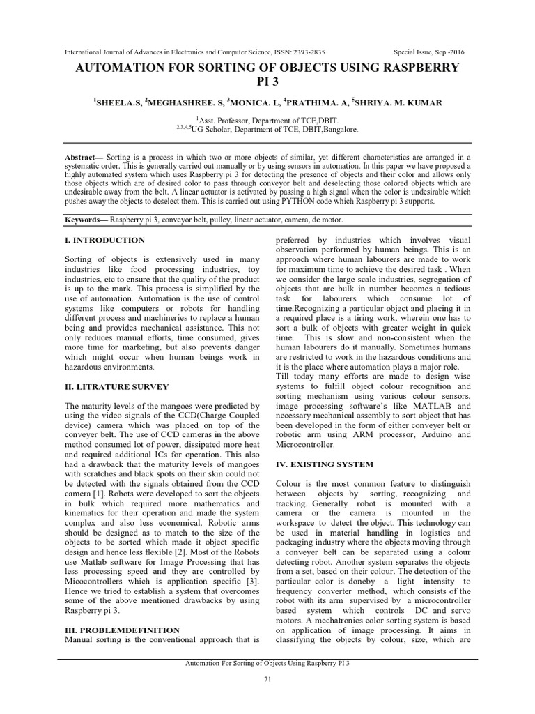 Automation For Sorting of Objects Using Raspberry Pi 3 | PDF | Belt (Mechanical) | Automation