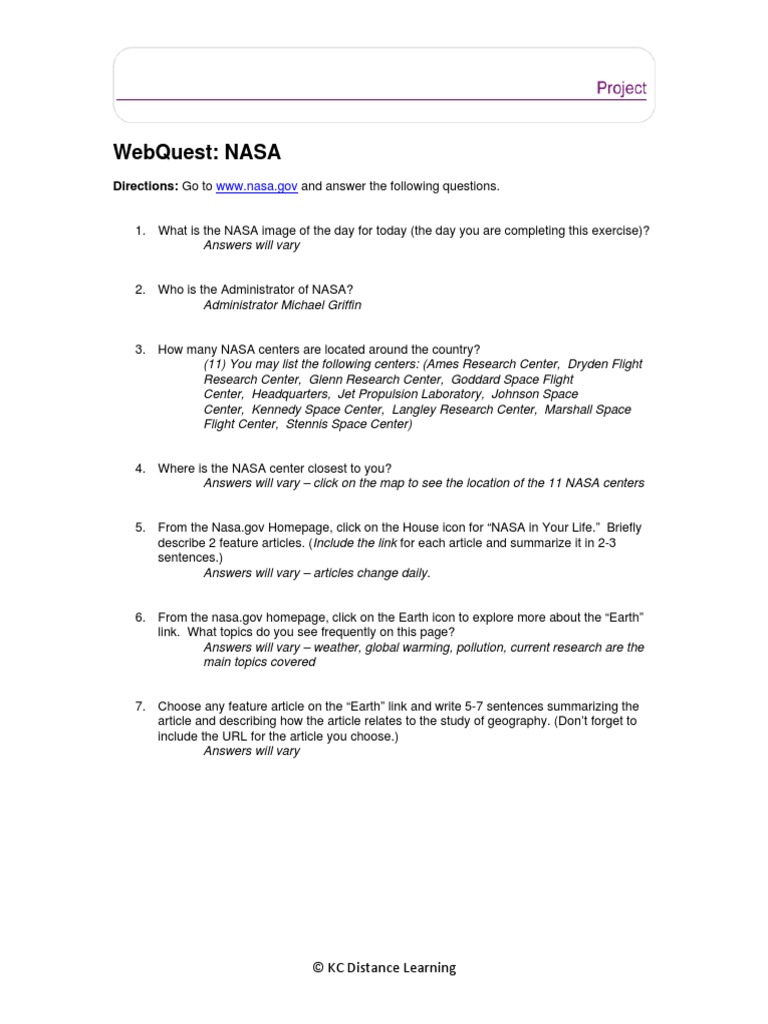 WebQuest NASA Worksheet Answers