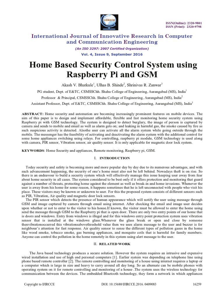 Home Based Security Control System Using Raspberry Pi and GSM | PDF | Security Alarm | Gsm