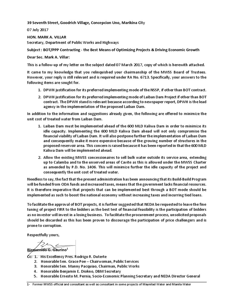 07July2017 Letter to DPWH Sec. Mark Villar | Public Sphere | Government 07July2017 Letter to DPWH Sec. Mark Villar | Public Sphere | Government