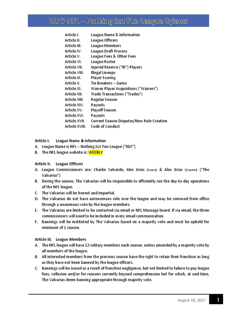 nfl bylaws 2 | National Football League | American Football
