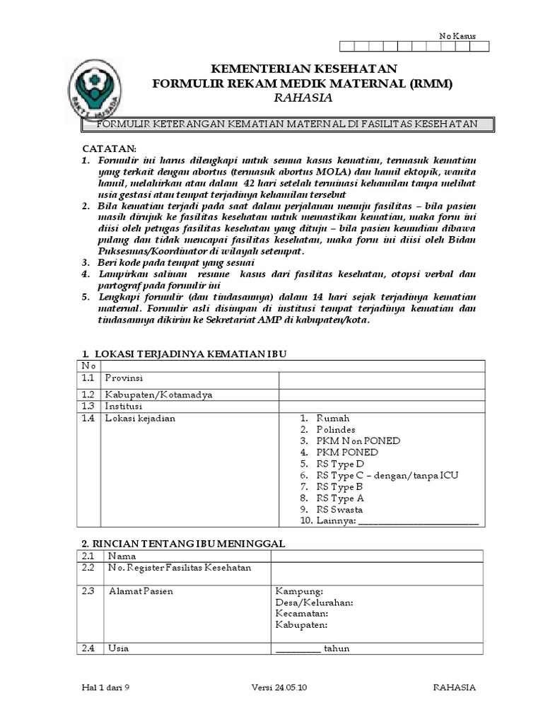 Audit Kematian Maternal-Formulir RMM-Keterangan Kematian Maternal Di Fasilitas | PDF