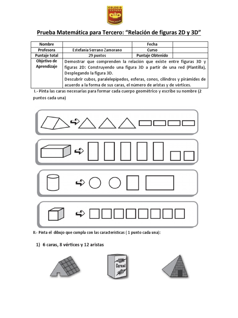 Prueba Matemática para Tercero 3D y 2D | PDF | Geometría | Geometría ...