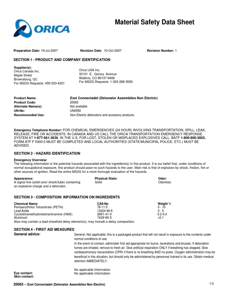 MSDS - Detonator | PDF | Explosive Material | Resource Conservation And ...