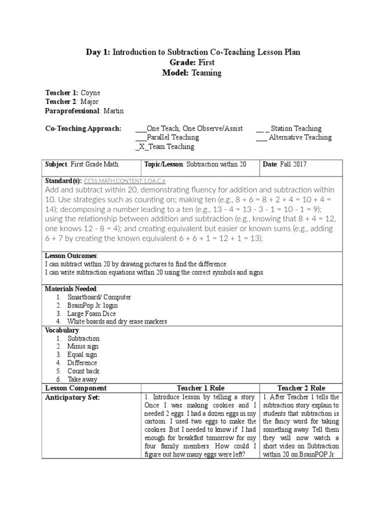 First Grade Subtraction Co-Teaching Plan | PDF | Subtraction | Lesson Plan