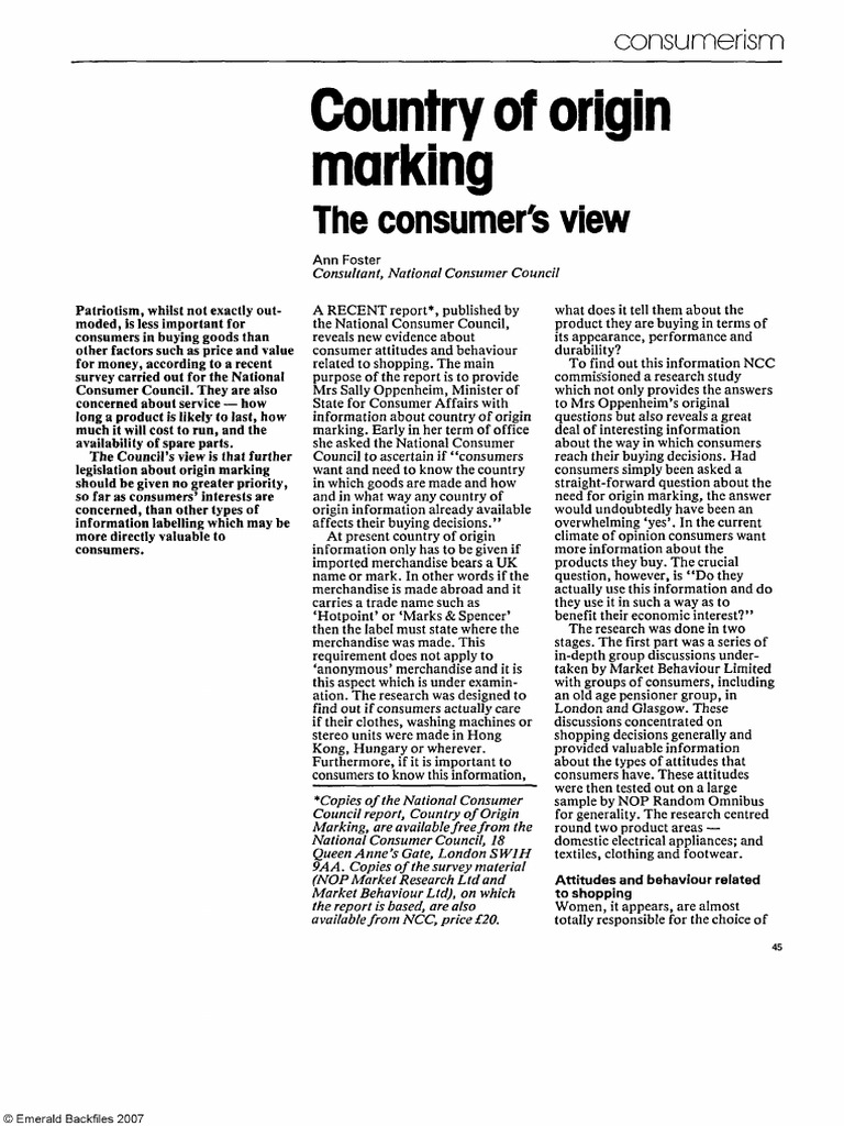 Country of Origin Marking: The Consumer's View | PDF | Clothing | Retail