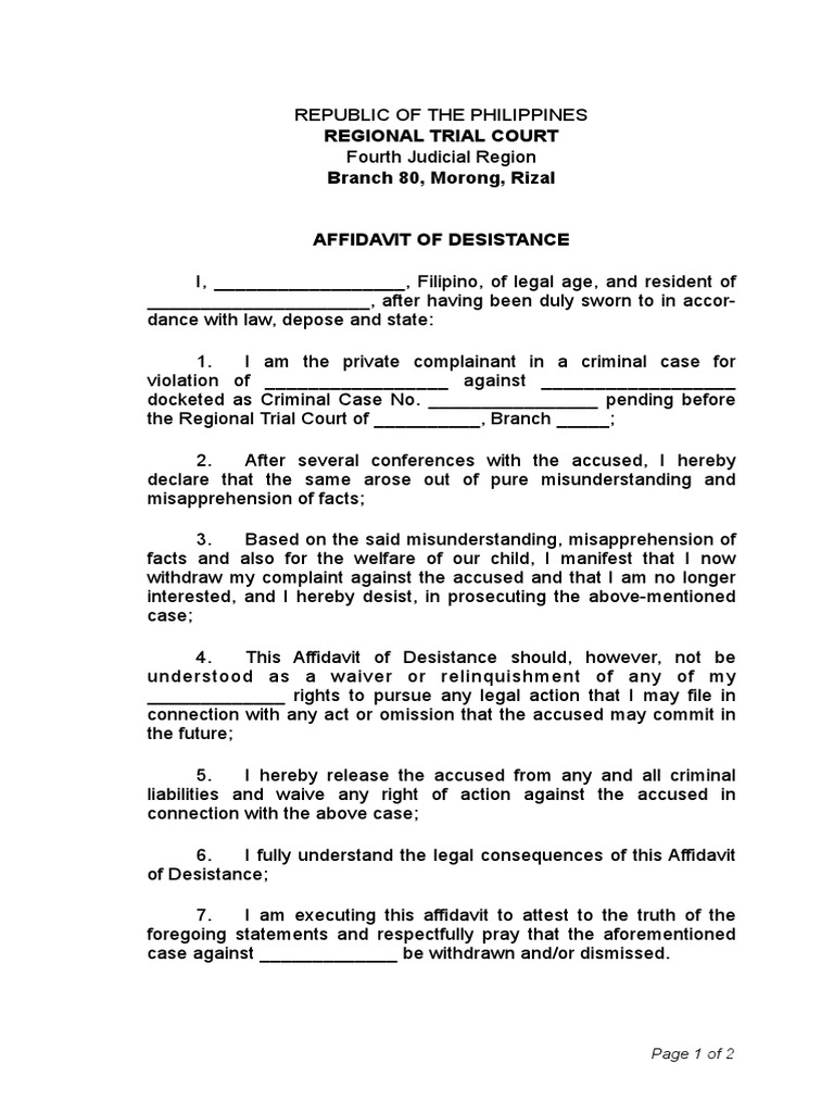 Affidavit of Desistance Sample | PDF | Affidavit | Complaint
