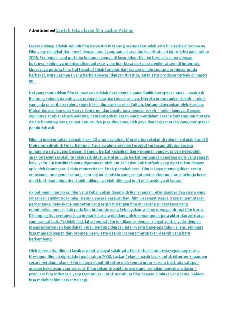 Contoh Teks Ulasan Film Laskar Pelangi | PDF