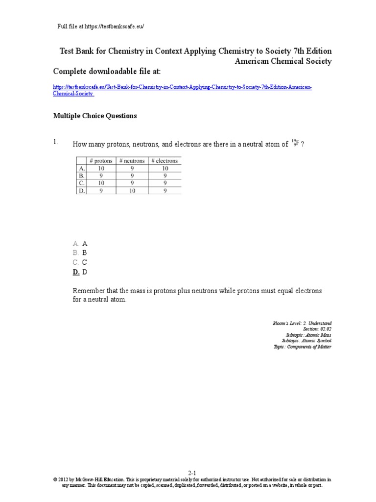 Test Bank For Chemistry in Context Applying Chemistry To Society 7th ...