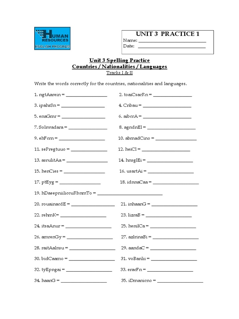 Unit 3 Spelling Practice Countries / Nationalities / Languages | PDF