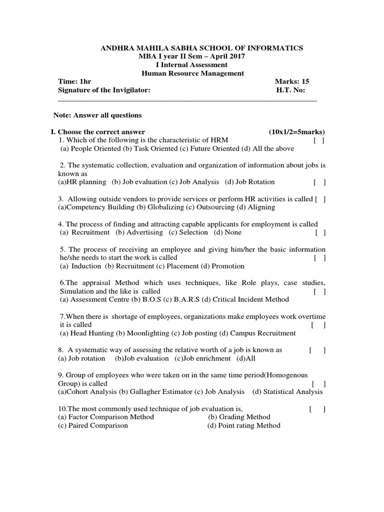 HRM Question Paper | PDF | Human Resource Management | Labor