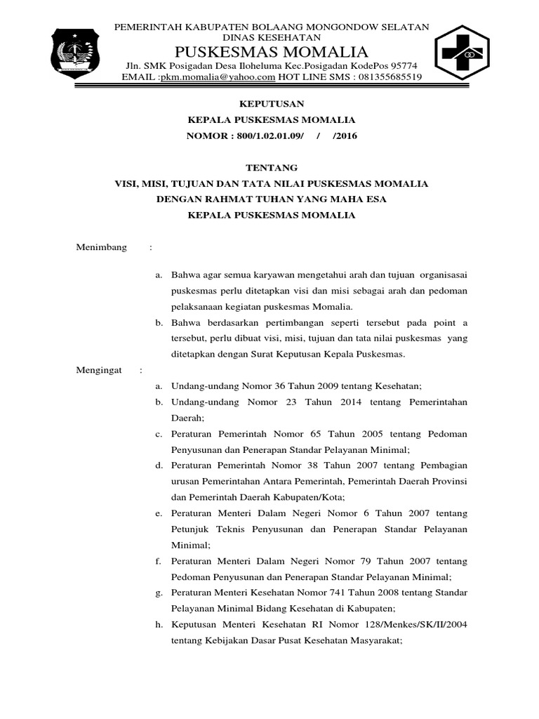 SK Kepala Puskesmas Tentang Visi Misi Tujuan Dan Tata Nilai Puskesmas | PDF