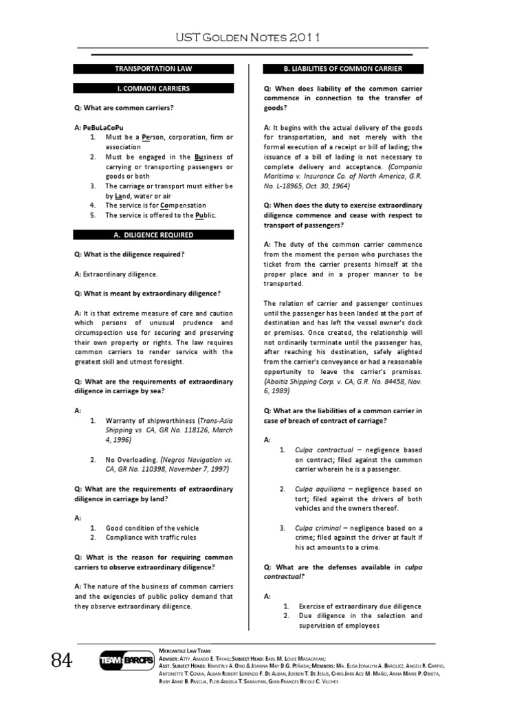 UST Golden Notes - Transportaion Law PDF | PDF