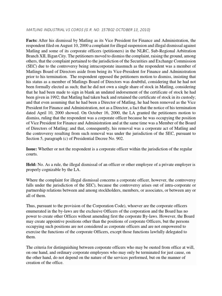 Matling Industrial Vs Coros (G.R. No. 157802 October 13, 2010 ...