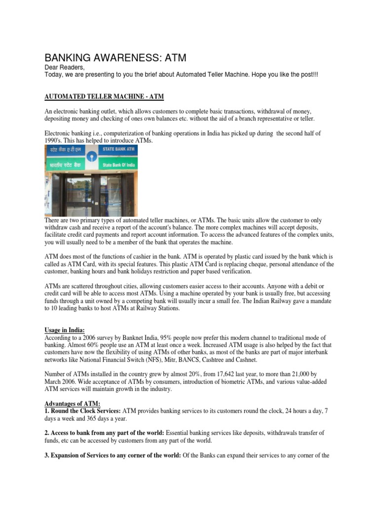 Banking Awareness: Atm | PDF | Automated Teller Machine | Banks