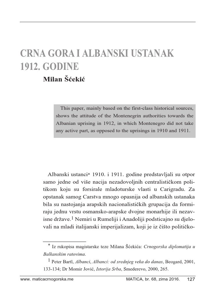 Milan Scekic CG I Albanski Ustanak 1912 PDF | PDF