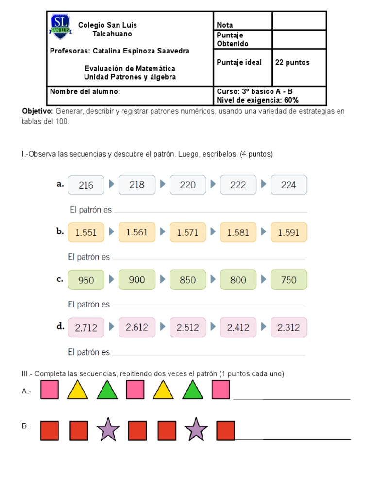 Evaluación de Patrones Numéricos | PDF