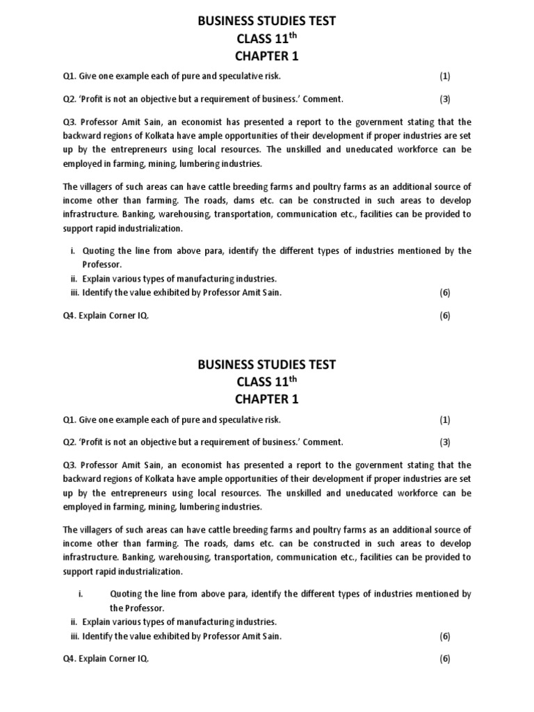 Class 11th B.ST Test CH 1 | PDF | Entrepreneurship | Industries