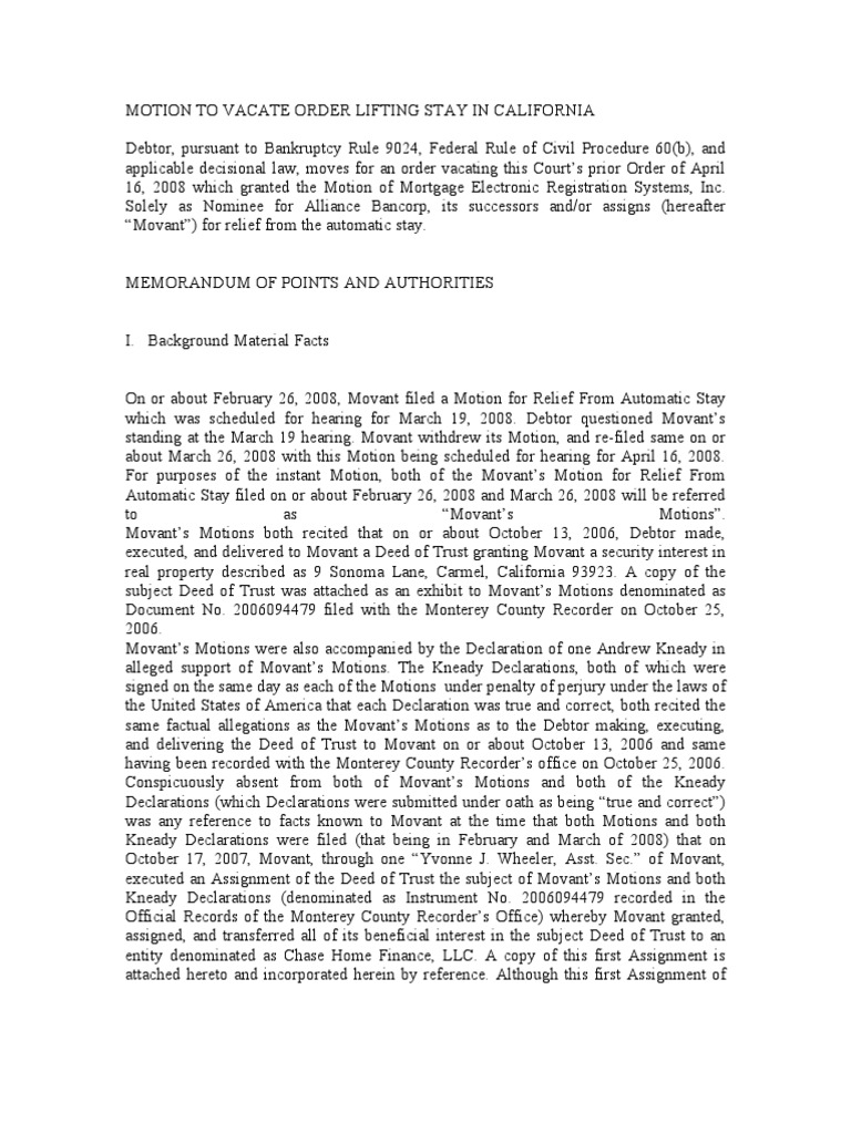 Motion to Vacate Stay Order in CA | PDF | Foreclosure | Bankruptcy