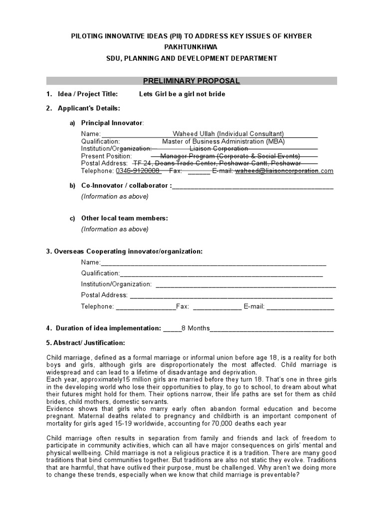Preliminary Proposal: (Information As Above) | PDF | Child Marriage ...