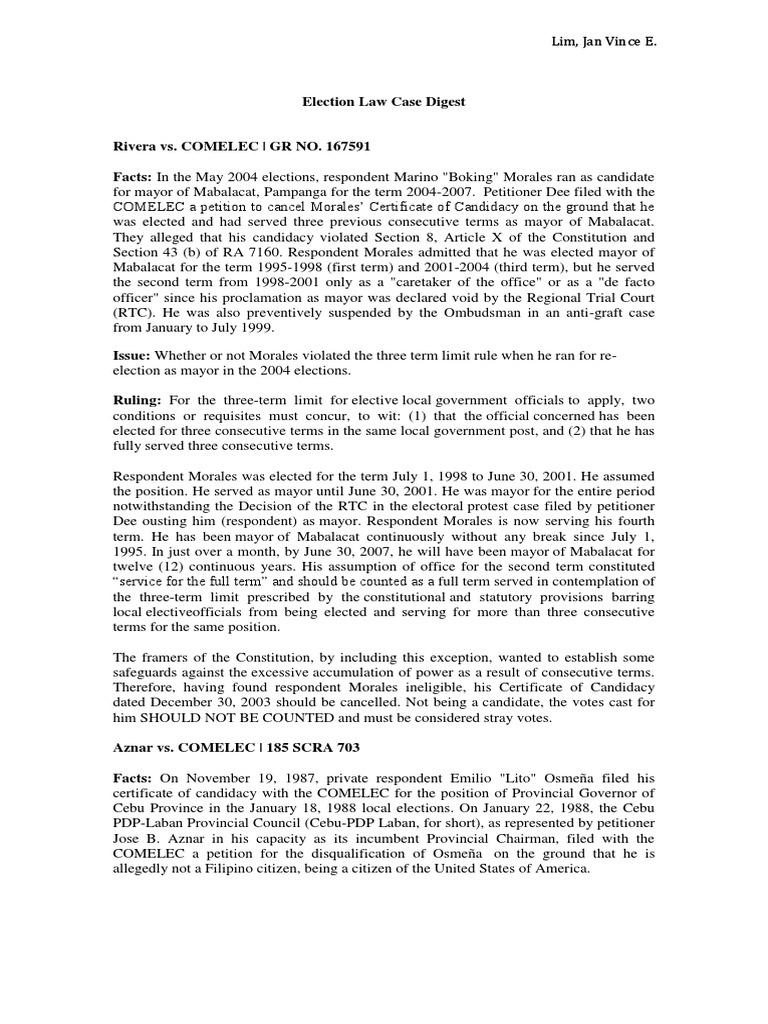 Election Law Case Digest Summary | PDF | Commission On Elections ...