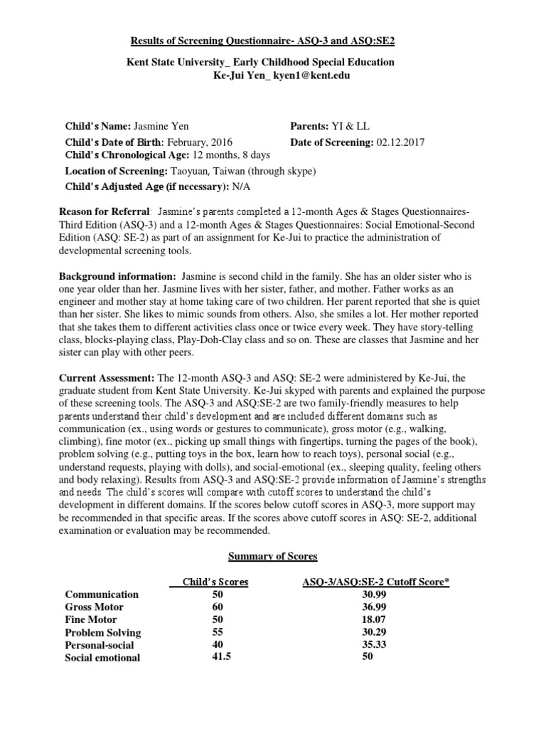 asq-3 screening report | Toys | Cognitive Science