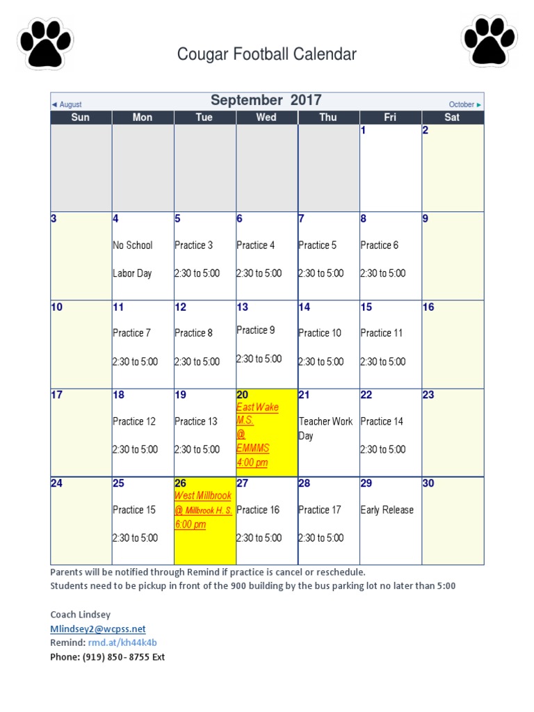 Cougars Calendar-September-2017 | PDF