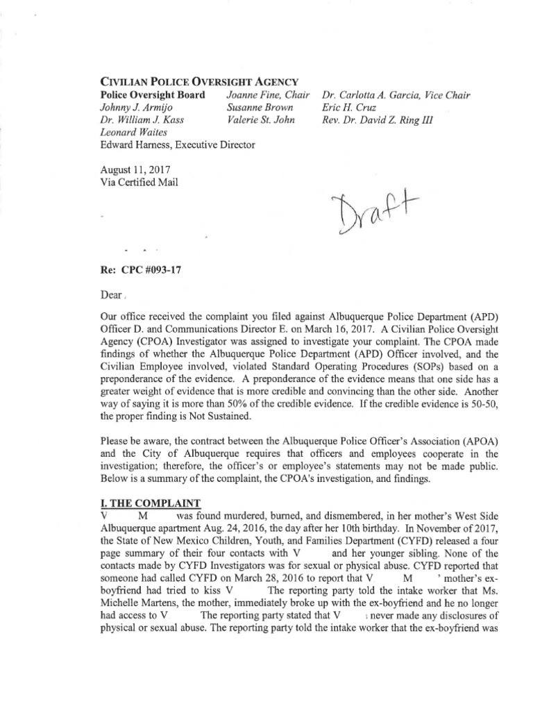 CPOA Letter On Fred Duran and Celina Espinoza | PDF