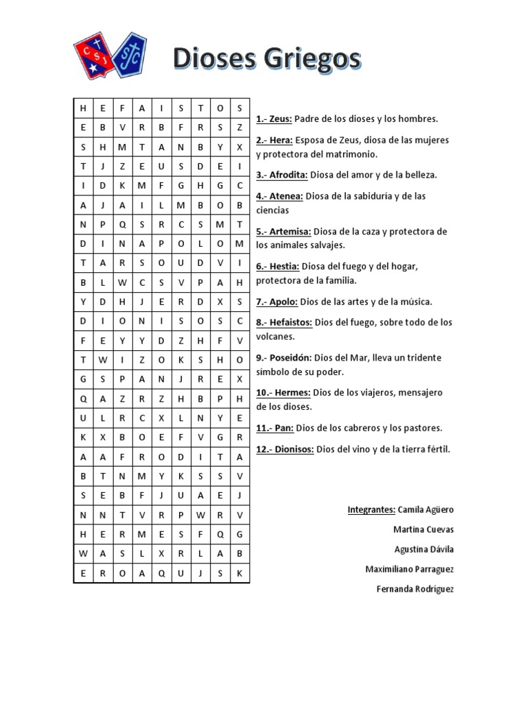 Sopa de Letras Dioses Griegos