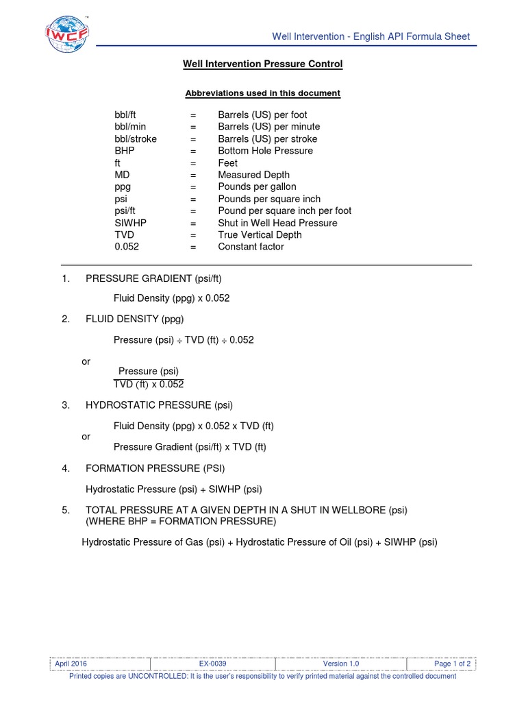 14 IWCF Formula Sheet - Well Intervention - English API | PDF