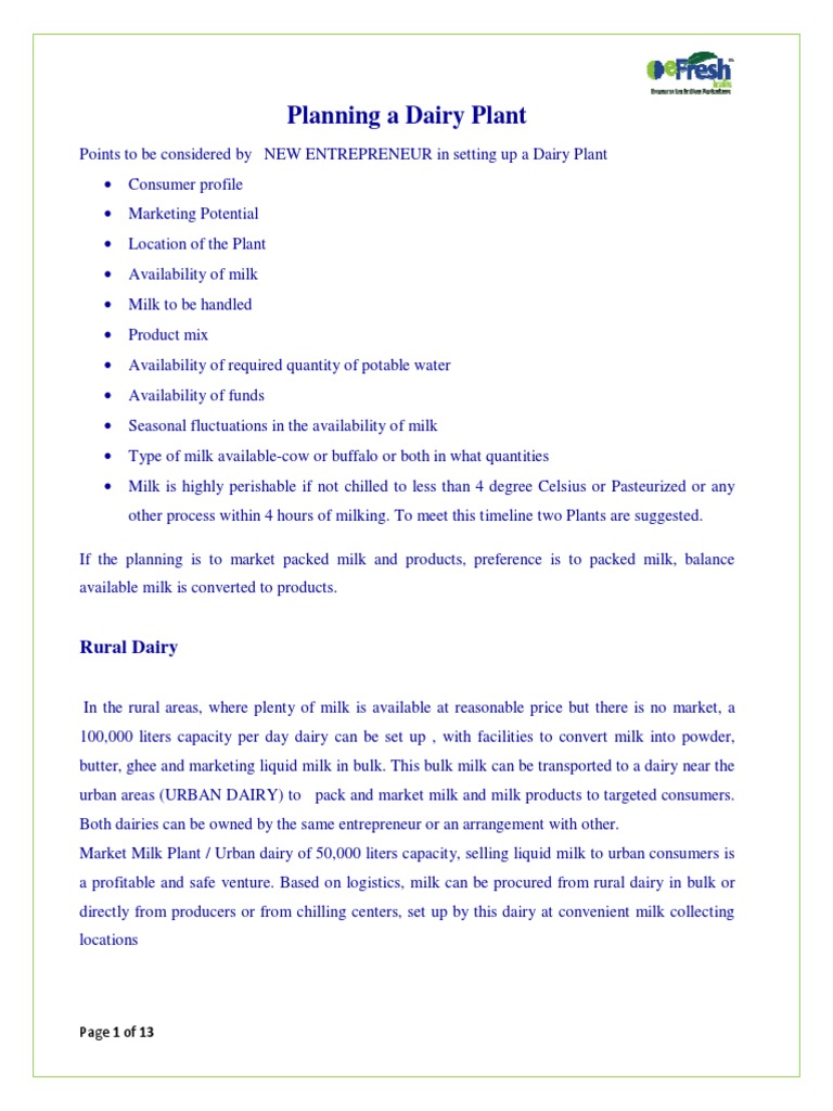 Planning A Dairy Plant PDF | PDF