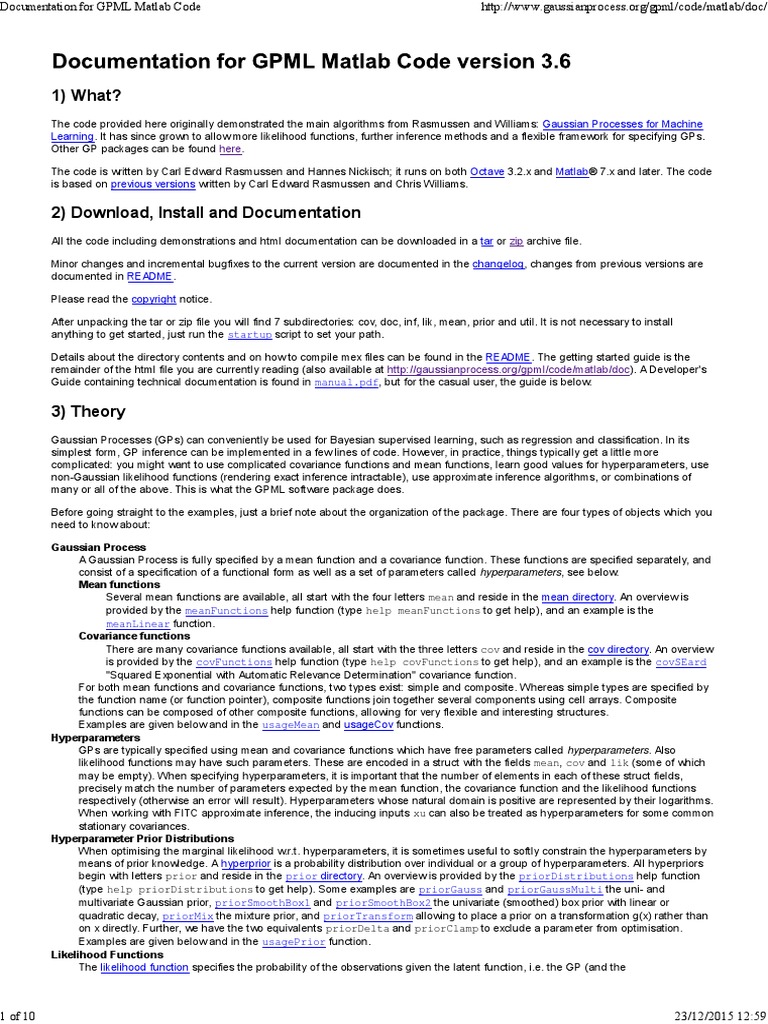 Documentation For GPML Matlab Code | PDF | Regression Analysis | Normal Distribution