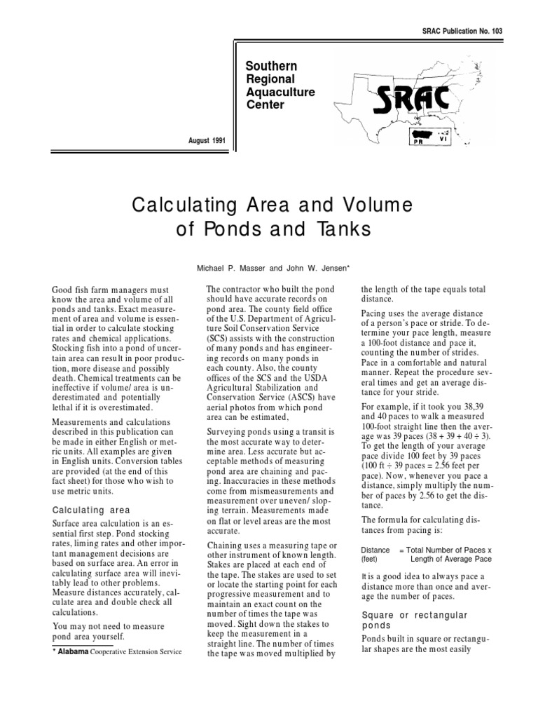 Calculating pond area and volume | PDF | Ounce | Parts Per Notation