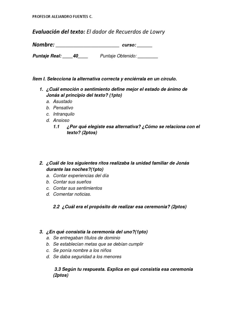 Evaluación de "El dador de recuerdos" | PDF