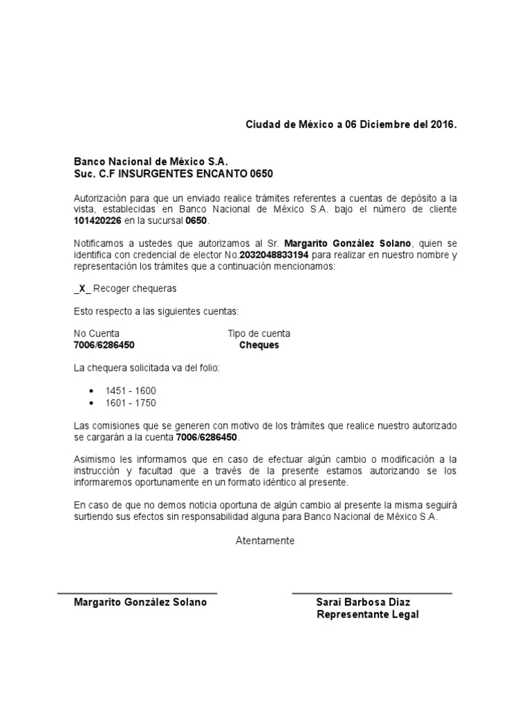 Carta Solicitud de Chequeras | PDF